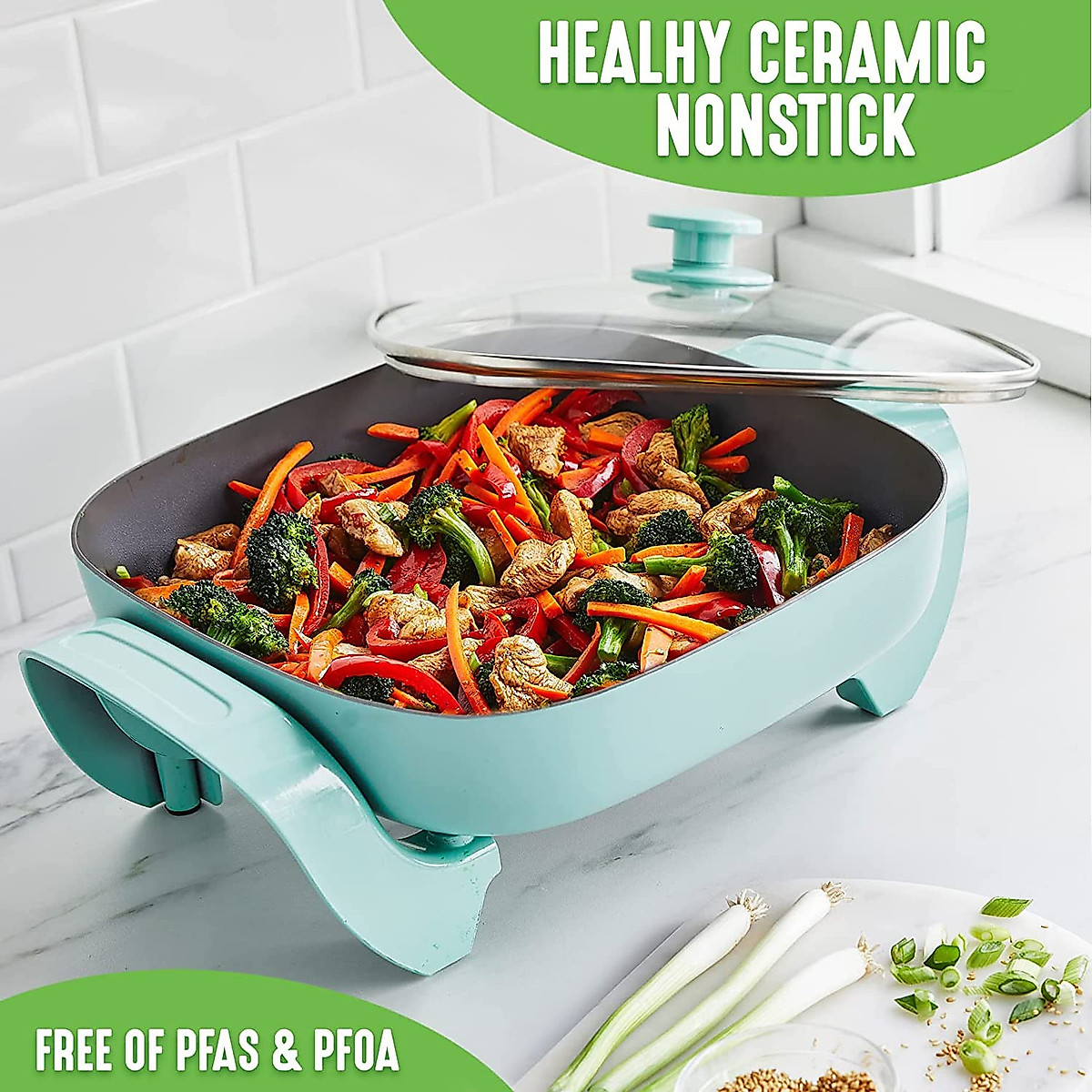 12" Ceramic Nonstick Electric Skillet - Square with Glass Lid, Dishwasher Safe, Turquoise