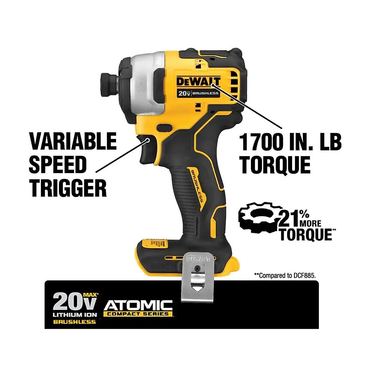 DEWALT ATOMIC 20V-Max Brushless/Cordless Compact 1/4 in. Impact Driver Kit w/Charger, 2.0Ah-Battery, Bag&Belt Clip