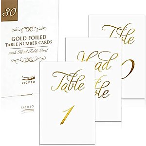 Gorgeous Wedding Table Numbers - Elegant Double Sided Gold Foil Lettering with Head Table Card - 4 x 6 inches and Numbered 1-30 - Perfect for Weddings and Events