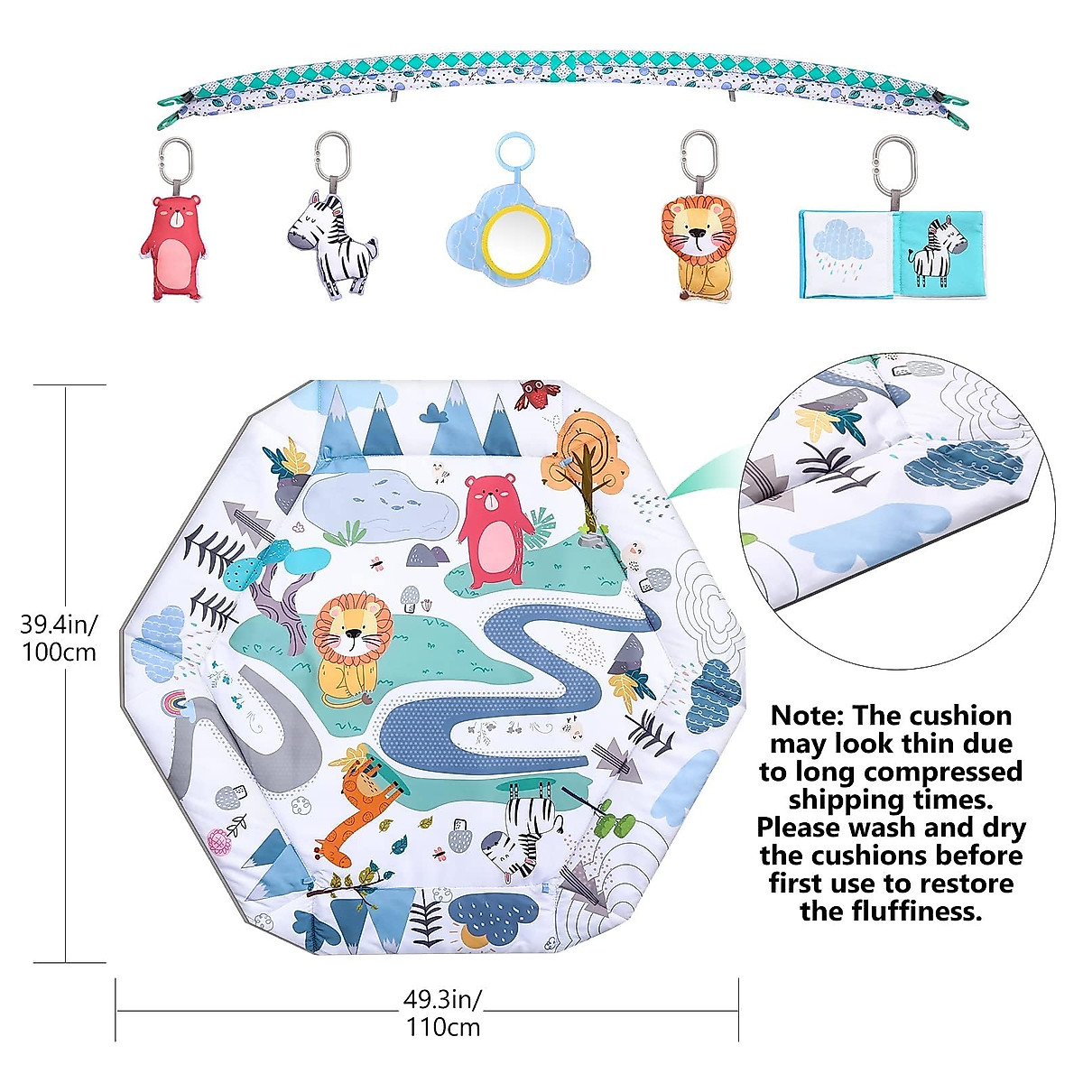 Bellababy Tummy Time Mat, 4-in-1 Baby Gym Activity Play Mat & Ball Pit, with High Contrast Toys & Self-Discovery Mirror & Tummy Time Pillow for Sensory and Motor Skill Development (Blue)