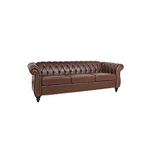 LEVNARY Chesterfield Sofa, Classic Tufted Upholstered Leather Couch, Modern 3 Seater Couch Furniture with Tufted Back for Living Room Office (Dark Brown)