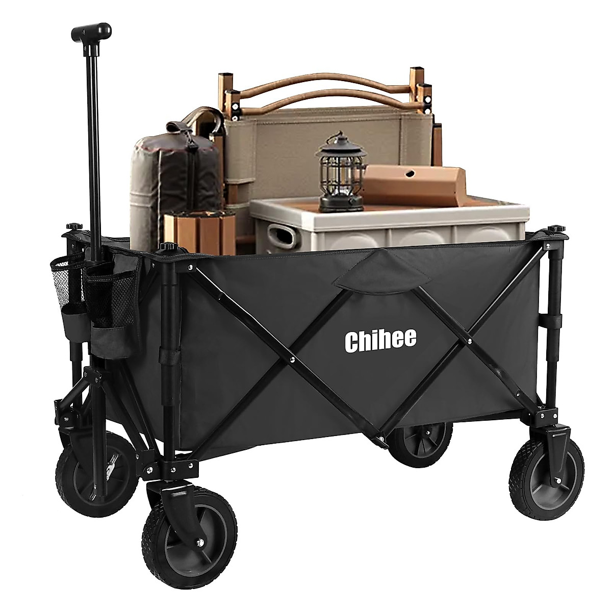 Chihee Folding Wagon Cart Garden Cart Heavy-Duty with 2 Cup Holders,Camp Cart for Gimballed Wheels with Braking System Large Capacity Removable Fabric,for Sporting Events,Camping,Beach Trips