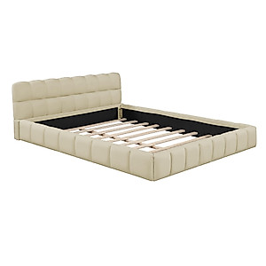 QVUUOU Grounded Bed Upholstered Platform Bed with Unique Design Thick Fabric Headboard, Queen Size Wood Platform Bed Frame for Kids Adults Bedroom Furniture, Linen Upholstered Bed Floor Bed (Beige)