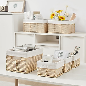 Vagusicc Wicker Storage Basket, 6 Pack Baskets for Organizing, Wicker Baskets with Handle, Rectangular Wicker Baskets for Storage Shelves, Cube Storage Bins for Closet/Clothes/Dresser, Beige