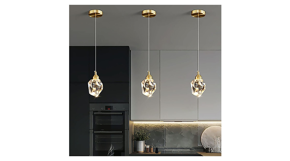 Modern Gold Crystal Pendant Light with 3-Color LED for Kitchen & Bedroom