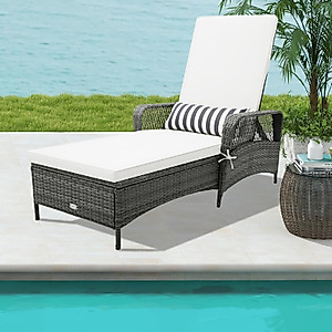 HAPPYGRILL 2PCS Patio Rattan Chaise Lounge, Outdoor PE Wicker Sun Lounger with Adjustable Backrest, Removable Cushion & Pillow, Reclining Chaise Lounge Sunbed for Balcony Poolside Yard
