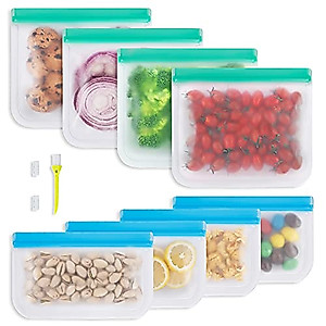 Reusable Food Storage Bags, 8 Pack Reusable Freezer Bags, 4 Leakproof Reusable Sandwich Bags, 4 Reusable Snack Bags, Silicone and Plastic Free Reusable Ziplock Bags for Veggies Fruit Meat Lunch