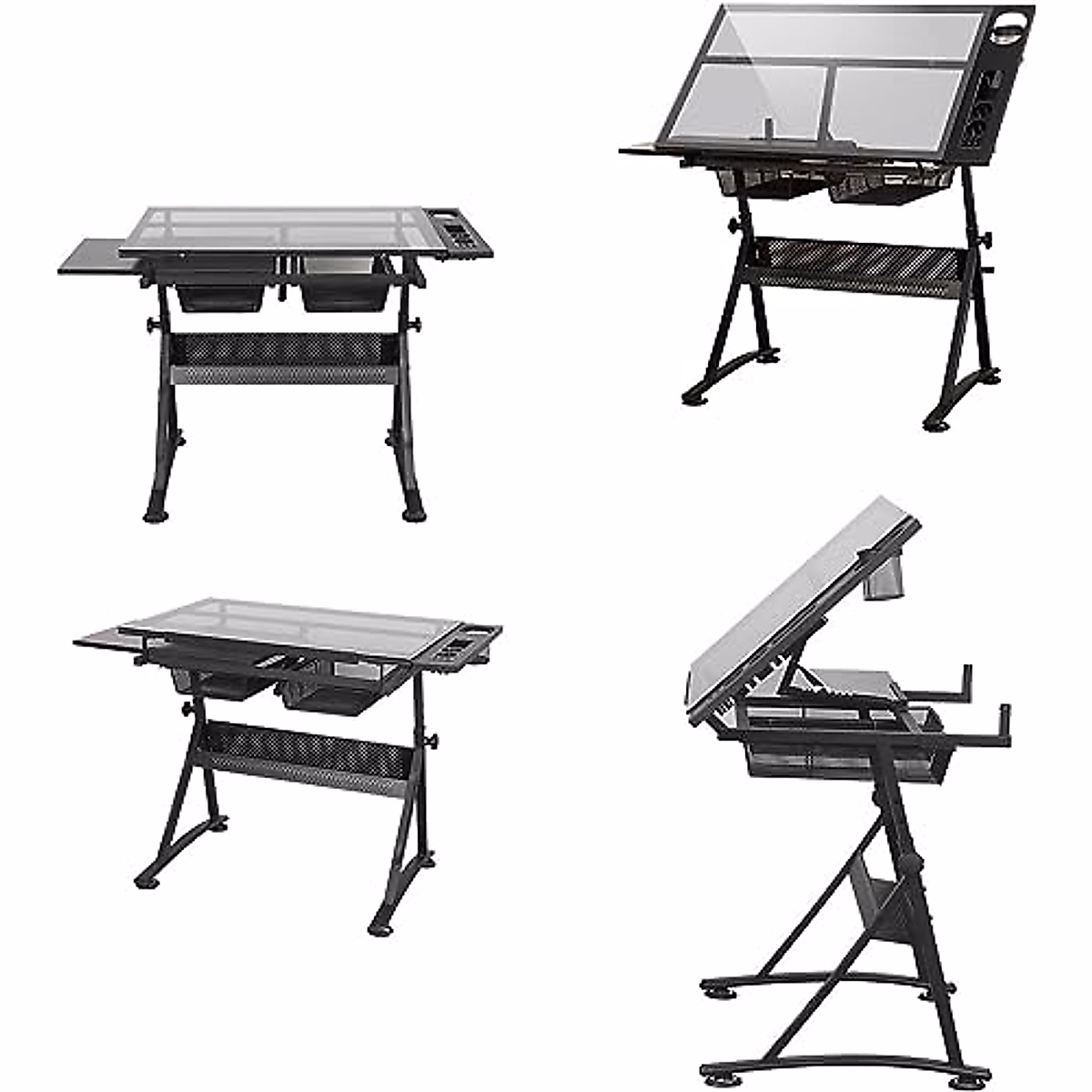 XiVue Drafting Table with Storage, Height Adjustable Tiltable Art Desk, Glass Panel Drawing Desk, for Work Study Painting Craft Table