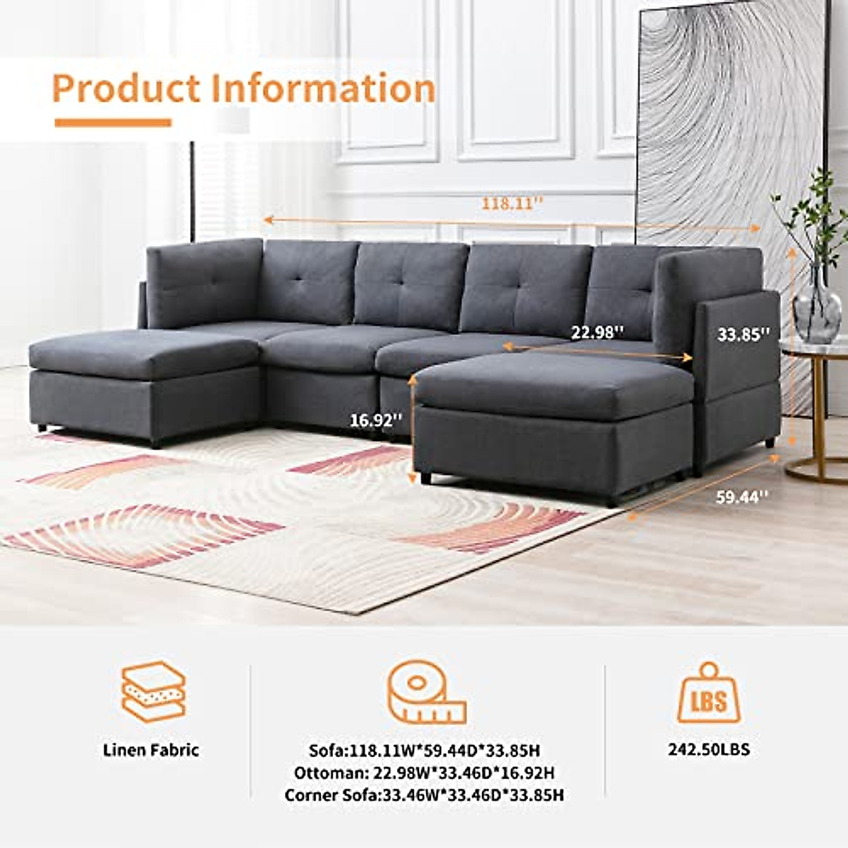 linor Modern U Shaped Convertible Sofa Couch, 118'' Modular Sectional Sofa with Tufted Back Cushion, 6 Seat Oversized Sectionals Sofa Couch with Ottomans for Living Room (Linen,Gray)