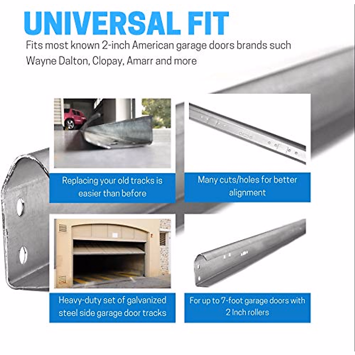 Garage Door Vertical Track Replacement – Set of Left and Right for 7 Foot Tall - Galvanized Steel Hardware Door Rails for Residential/Light Commercial Side Tracks for 2-inch Rollers