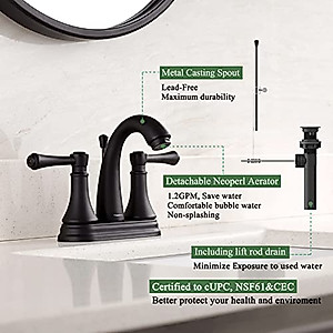 Matte Black 4 Inch Bathroom Sink Faucet 3 Hole, 2 Handle Centerset Bathroom Faucet with Metal Casting Spout, Modern RV Farmhouse Vanity Faucet, Include Drain with Overflow and Lift Rod, TAF410Y-MB