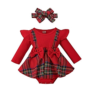 Baby Girl Christmas Outfit Newbron Christmas Dress Romper Ruffle Lace Sequin Tulle Dresses Santa Xmas Clothes (Red Plaid Dress, 3-6 Months)