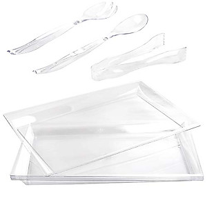 WELLIFE 24 Pack Plastic Serving Trays with Disposable Utensils, 6 Asymmetric Rectangle Platters 15”x 10”, 6 Serving Spoons 10”, 6 Serving Forks 10”, 6 Serving Tongs 6.3”, Perfect for Buffet