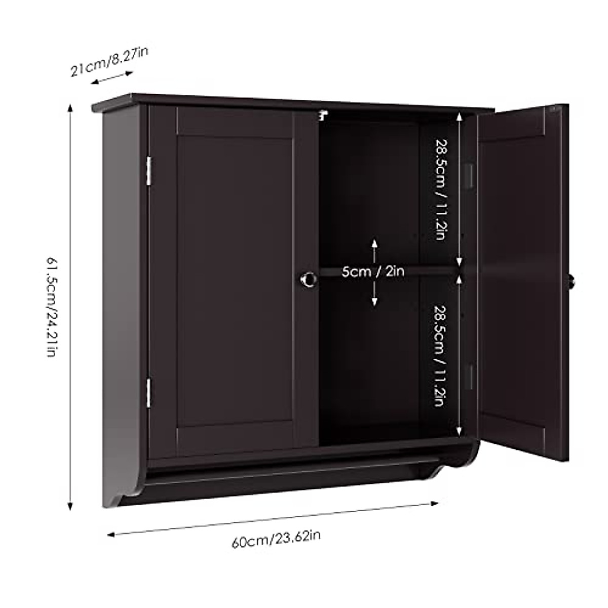 FOTOSOK Bathroom Wall Cabinet with 2 Doors and Adjustable Shelf, 23.6"x24.2" Medicine Cabinet Above Toilet, Wall-Mounted Bathroom Storage Cabinets with a Towel Bar for Bedroom, Kitchen, Dark Brown