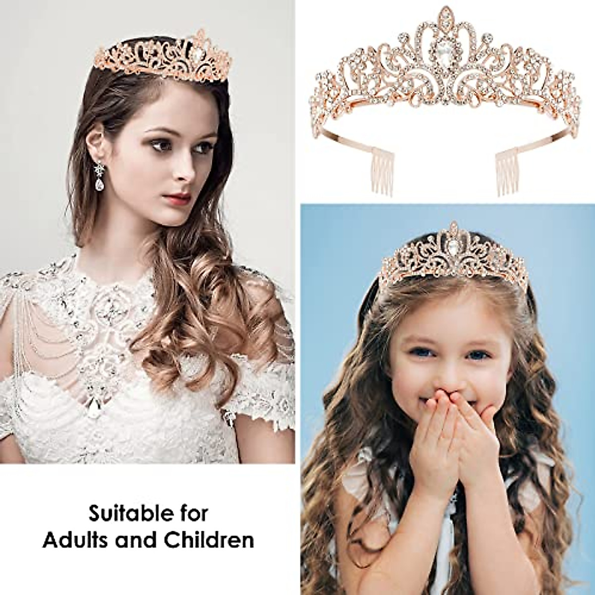 Makone Birthday Tiara for Women, Birthday Queen Crowns with Birthday Girl Sash, Crown for Girls Rose Gold, Rhinestone Tiaras with Combs, Crystal Headband Hair Accessories Glitter Sash for Party