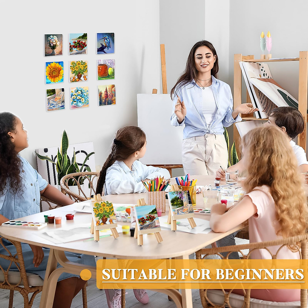 Colarr 2 x 2 Inch 50 pack Mini Canvas Easel Set Stretched Canvases for Painting Mini Canvas and Wood Display Easel with Smooth Back for Kids Beginners Painting Class Party Decoration Miniature Artwork