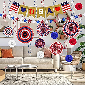 OEAGO 4th of July Decorations Decor Patriotic Memorial Day Decorations Red White Blue Paper Fans Love USA Banner Flower Balls Pom Poms Hanging Swirls Star Streamer Independence Flag Day Party for home
