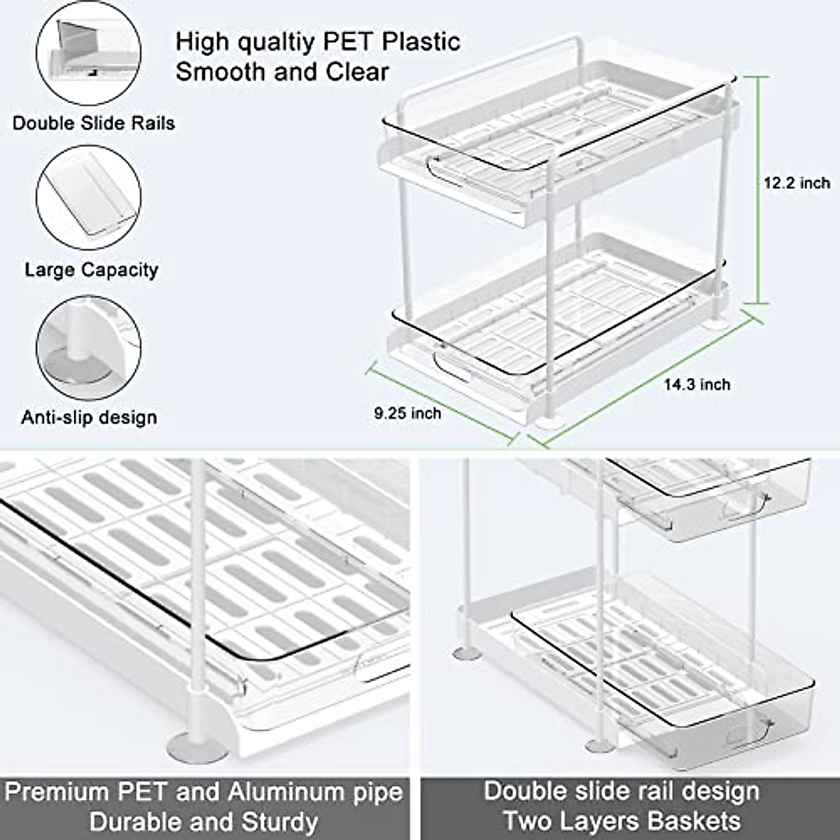 Alwytlon Pull Out Under Sink Organizer, Sliding Cabinet Basket Organizer, 2 Tier Clear Under Bathroom Storage Rack with Hooks, Multi-purpose Storage Shelf for Bathroom Kitchen, transparent & White