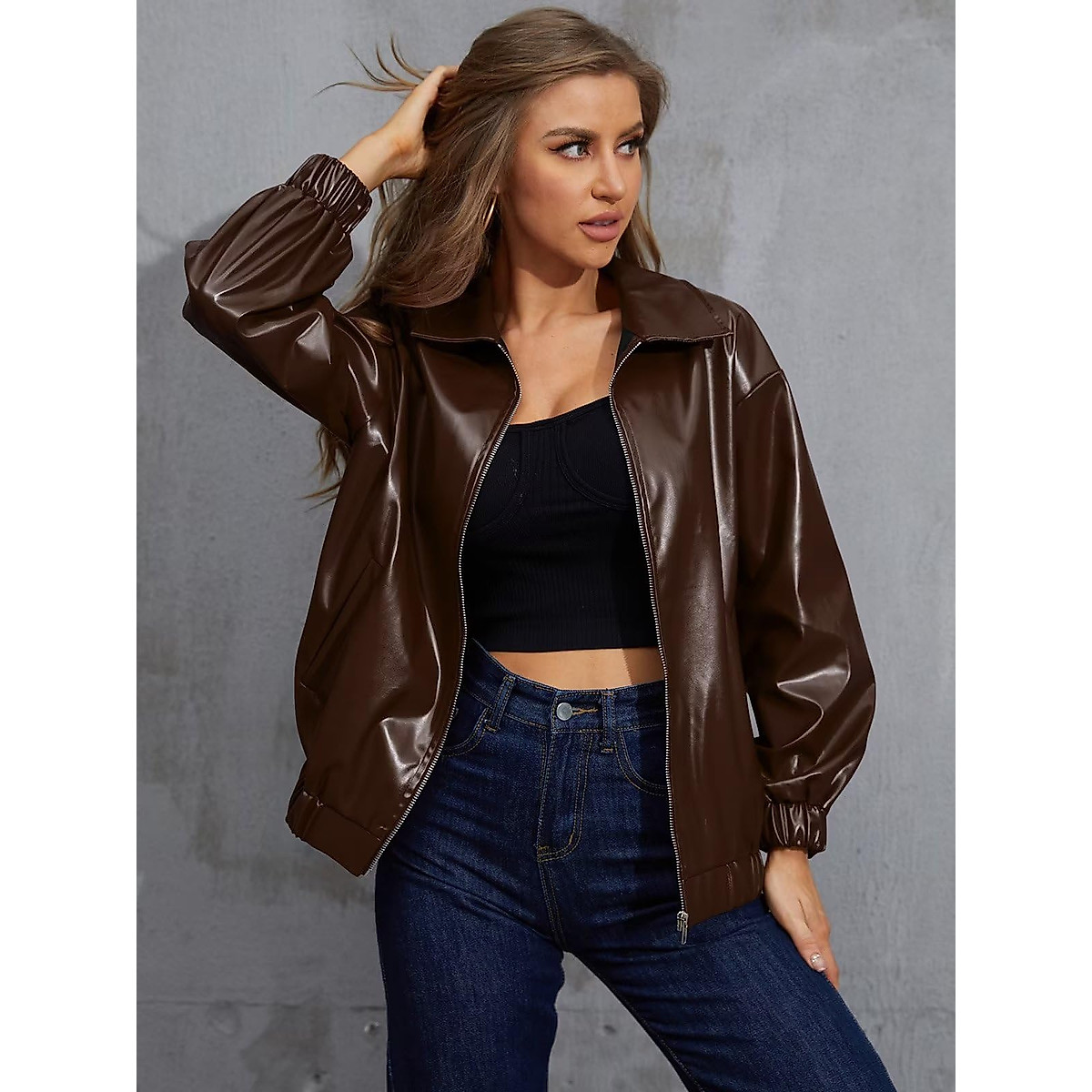 PITINAN Brown Leather Jacket Women Long Sleeve Warm Womens Faux Leather Jacket Motorcycle Jacket Fall Coat 2023 Trendy Leather Jacket for Women Bomber Jacket Brown L