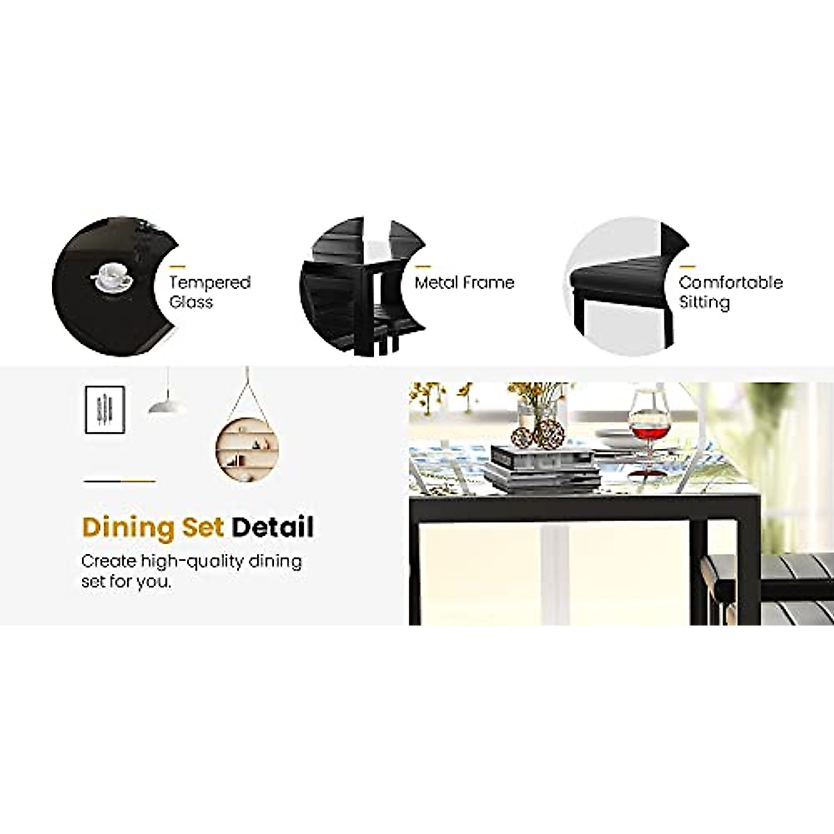 DKLGG 5-Piece Kitchen Table Set for Dining Room, 4 Faux Leather Metal Frame Chairs, Dinette, Compact Space w/Glass Tabletop, 47.25'' L x 27.56'' W x 29.5'' H, Black…