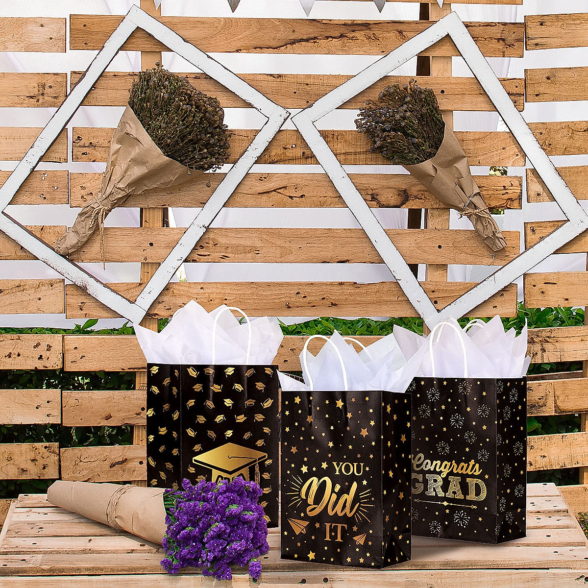 Whaline 12Pcs Graduation Gift Bag with White Tissue Paper Congrats Grad Party Favor Bags with Handle 4 Designs Black Gold Paper Congratulations Treat Candy Bag for College High School