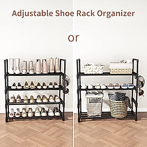 WEXCISE Shoe Rack 4 Tier 16-20 Pairs Shoe Rack for Entryway Sturdy Shoe Organizer Storage for Closet Bedroom Dorm Heavy Duty Black Metal Shoe Shelf with Hooks