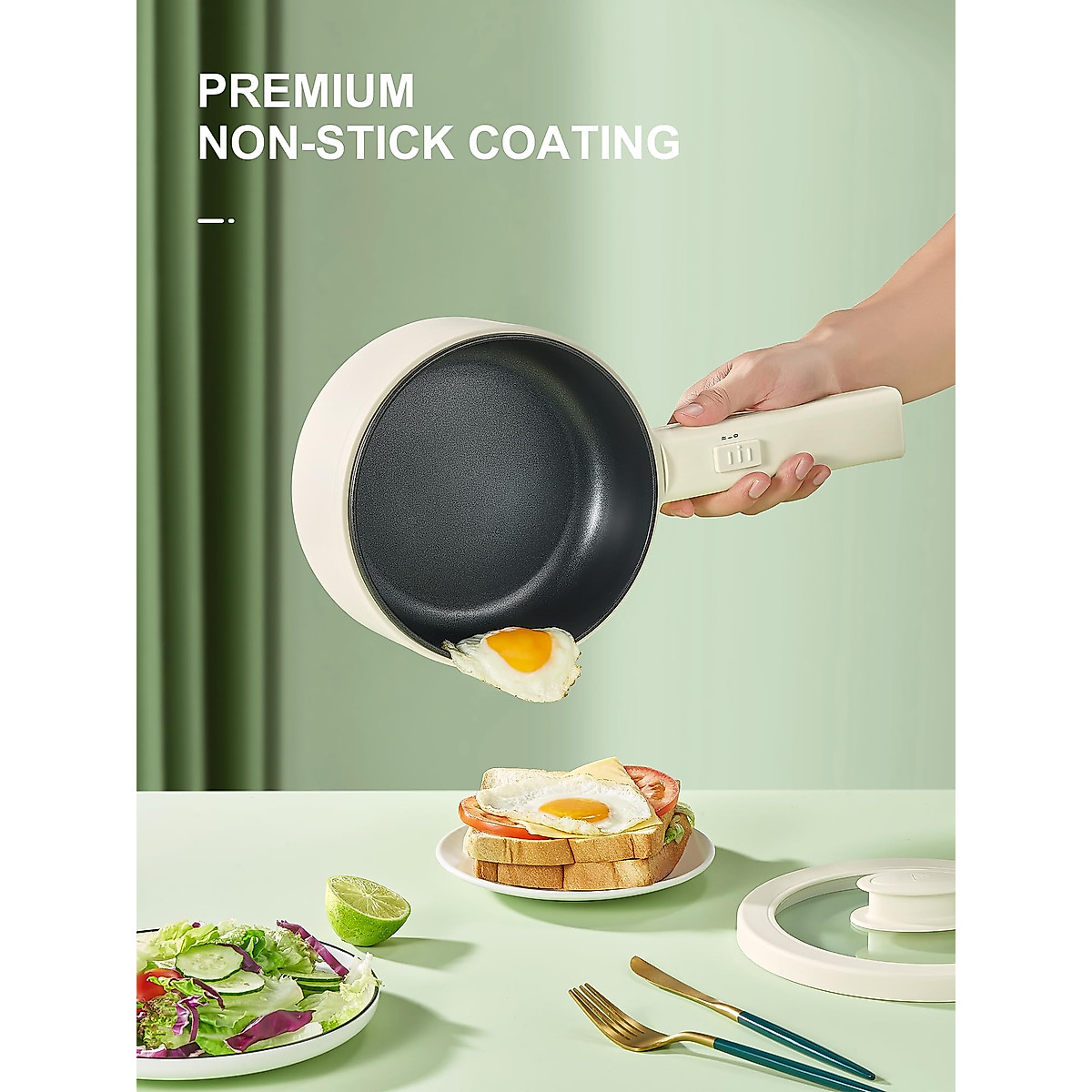 Hot Pot Electric With Steamer, 1.6L Ramen Cooker Non-Stick Sauté Pan for Steak, Egg, Fried Rice, Ramen, Oatmeal, Soup, Portable Personal Perfect Suit Dorm Room and Apartment (White)