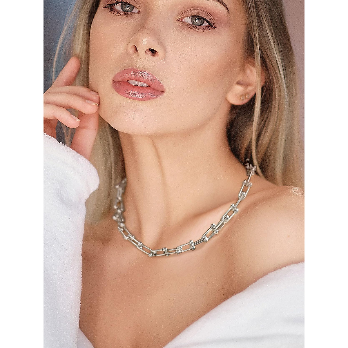 KeyStyle Paperclip Chain Necklace for Women, Stainless Steel Bamboo Link Choker Chains Paper Clip Necklaces for Rapper (16 Inches + 2 Inches)