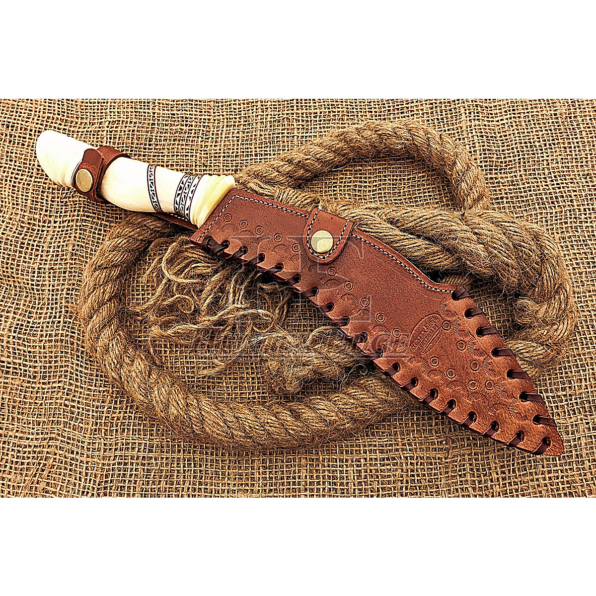 HUNTEX Unique Custom Handmade Hand Forged Damascus Steel 15 Inch Long Full Tang Camel Bone Handle Razor Sharp Hunting Camping Kukri Knife with Genuine Leather Sheath