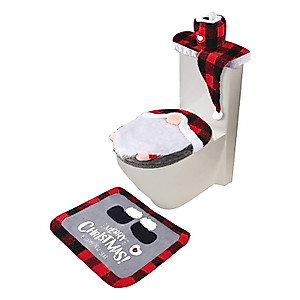 JAPIIM Christmas Toilet Seat Cover, 4pcs Christmas Bathroom Decorations, Swedish Christmas Bathroom Decor, Black Red Plaid Xcmas Decorations, Gnome Toilet Tank Cover for Christmas Bathroom Decoration