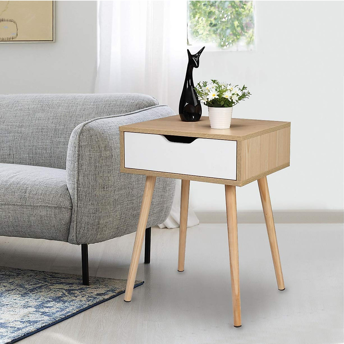 Bonnlo White & Nature Wood Nightstand End Side Table with Drawer & Solid Wood Legs for Living Room, Bedroom, Small End Side Table Bed Side Tables/Night Stands for Small Spaces, 18.2x15.7x24.4in