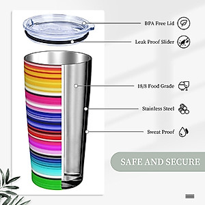 EVANEM 20 Oz Stainless Steel Tumbler With Straw Cleaner Colorful Mexican Stripes Printed Insulated Cup Travel Coffee Mug Vacuum Insulated Tumblers For Home Office