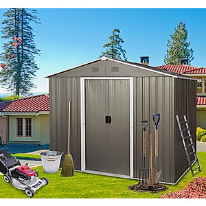 7'x5' Outdoor Metal Storage Shed with Floor Base, 4 Punched Vents and Pad-Lockable Sliding Doors, Tool House w/Eco-Friendly Painting, Waterproof&UV Resistant, for Backyard, Lawn, Patio, Gray