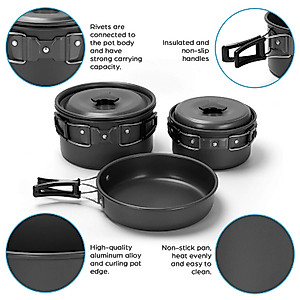 Odoland 15pcs Camping Cookware Mess Kit, Non-Stick Lightweight Pots Pan Set with Stainless Steel Cups Plates Forks Knives Spoons for Camping, Backpacking, Outdoor Cooking and Picnic