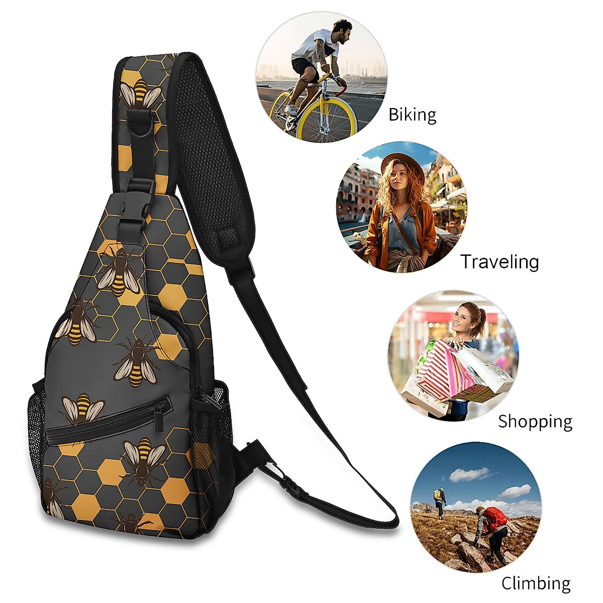 FyLybois Honeycomb Bee Sling Bag Crossbody Travel Hiking Bags Mini Chest Backpack Casual Shoulder Daypack for Women Men with Strap Lightweight Outdoor Sport Climbing Runners