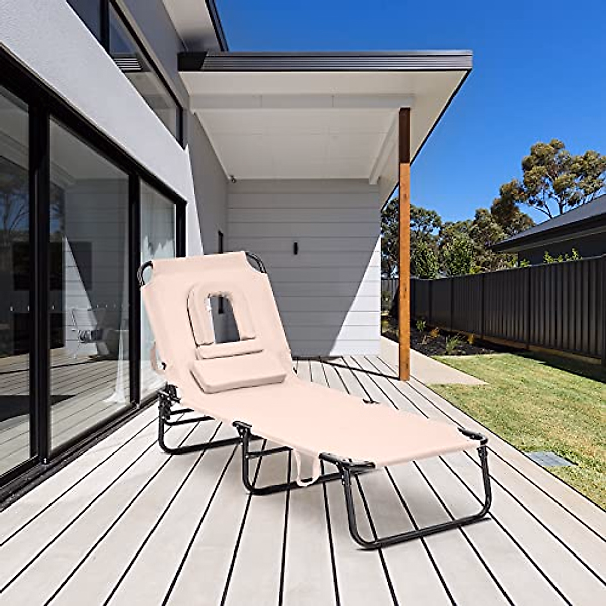 Giantex Outdoor Chaise Lounge Chair - Folding Beach Chair with 5 Adjustable Positions, Hole, Detachable Pillow, Hand Ropes, Lounger for Sunbathing, Poolside, Yard, Patio Lawn Chair (1, Beige)