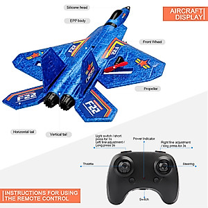 ANTSIR Remote Control Plane F-22 Raptor, 2.4Ghz Smart Gyroscope RC Airplane with Light Strip, Jet Fighter Toy Gift for Kids Beginner (Blue)