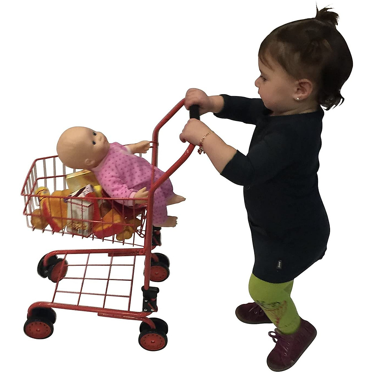 The New York Doll Collection Toy Shopping Cart for Kids and Toddler - Includes Food - Folds for Easy Storage - with Sturdy Metal Frame (Red)
