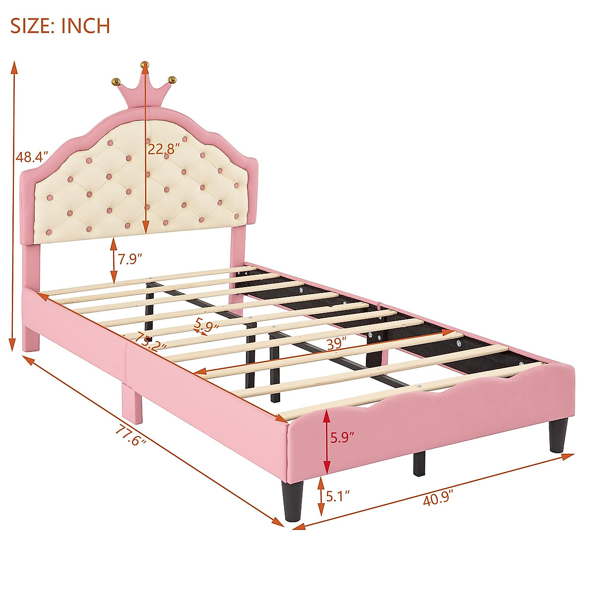 SOFTSEA Twin Upholstered Bed with Crown Headboard, Girls Princess Bed with Button Tufted Headboard, PU Leather Princess Platform Bed for Kids Girls, Easy Assembly, Pink + Whitea