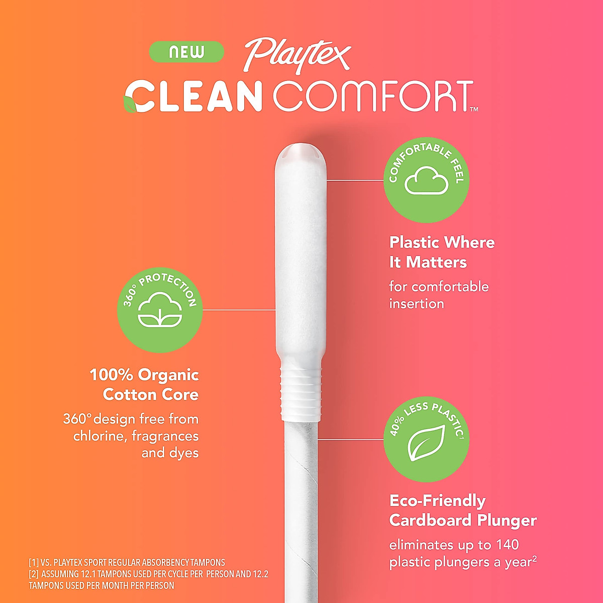 Playtex Clean Comfort Organic Cotton Tampons, Multipack (14ct Regular/14ct Super Absorbency), Fragrance-Free, Organic Cotton - 28ct