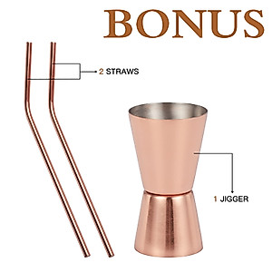 Moscow Mule Mugs Set of 2 - Hammered Moscow Mule Mugs Drinking Cup Stainless Steel Lining with 2 Straws-1 Jigger-Great Dining Entertaining Bar Gift Set (Mug Set of 2 double jigger included)