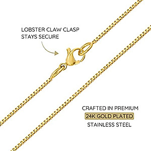 KISPER 24k Gold Box Chain Necklace – Thin, Dainty, Gold Plated Stainless Steel Jewelry for Women with Lobster Clasp, 36"