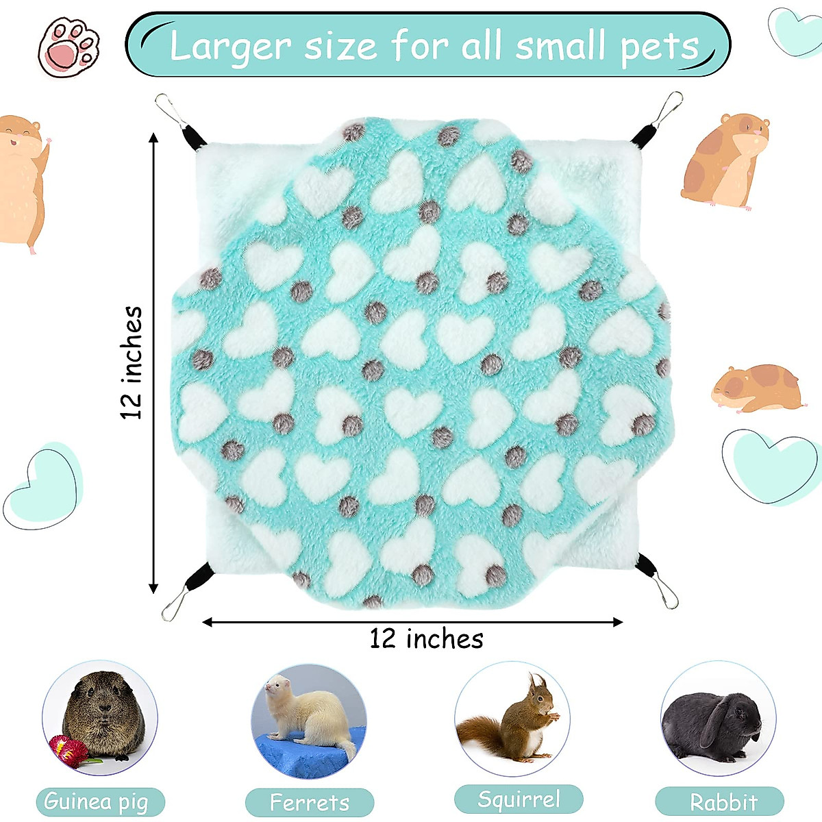 Boao 2 Pcs Guinea Pig Rat Hammock Guinea Pig Hamster Ferret Hanging Hammock Guinea Pig Accessories for Small Animals Chinchilla Parrot Sugar Glider Ferret Squirrel (Blue, Pink, Heart Pattern)