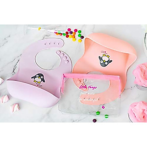 NatureBond Cute Silicone Bibs for Babies, 2-pack with Waterproof Bib Pouch (Pink & Lavender) Quirky Bibs, Baby Bibs, Baby Girl Gift.