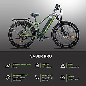 SENADA Electric Bike for Adults, 1000W Fat Tire Electric Bikes Snow Ebikes, Saber-PRO 48V 21Ah Battery Long Range 45-80Miles 26" x 4" Fat Tire Ebike, Electric Bicycle with Shimano 7-Speed