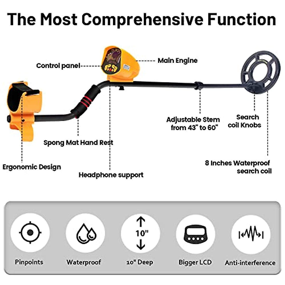 Metal Detector with Shovel for Adults, Pinpoint Gold Detector with LCD Display, Advanced DSP Chip, 10'' Detection Depth, 5 Search Modes, IP68 Waterproof for Treasure Hunting