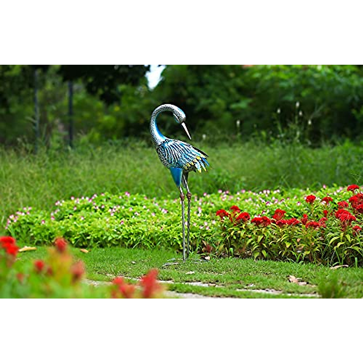 TOMBABY Solar Metal Garden Preening Crane Statue Metal Heron Outdoor Decor, Yard Art Bird Decoy for Backyard Pond