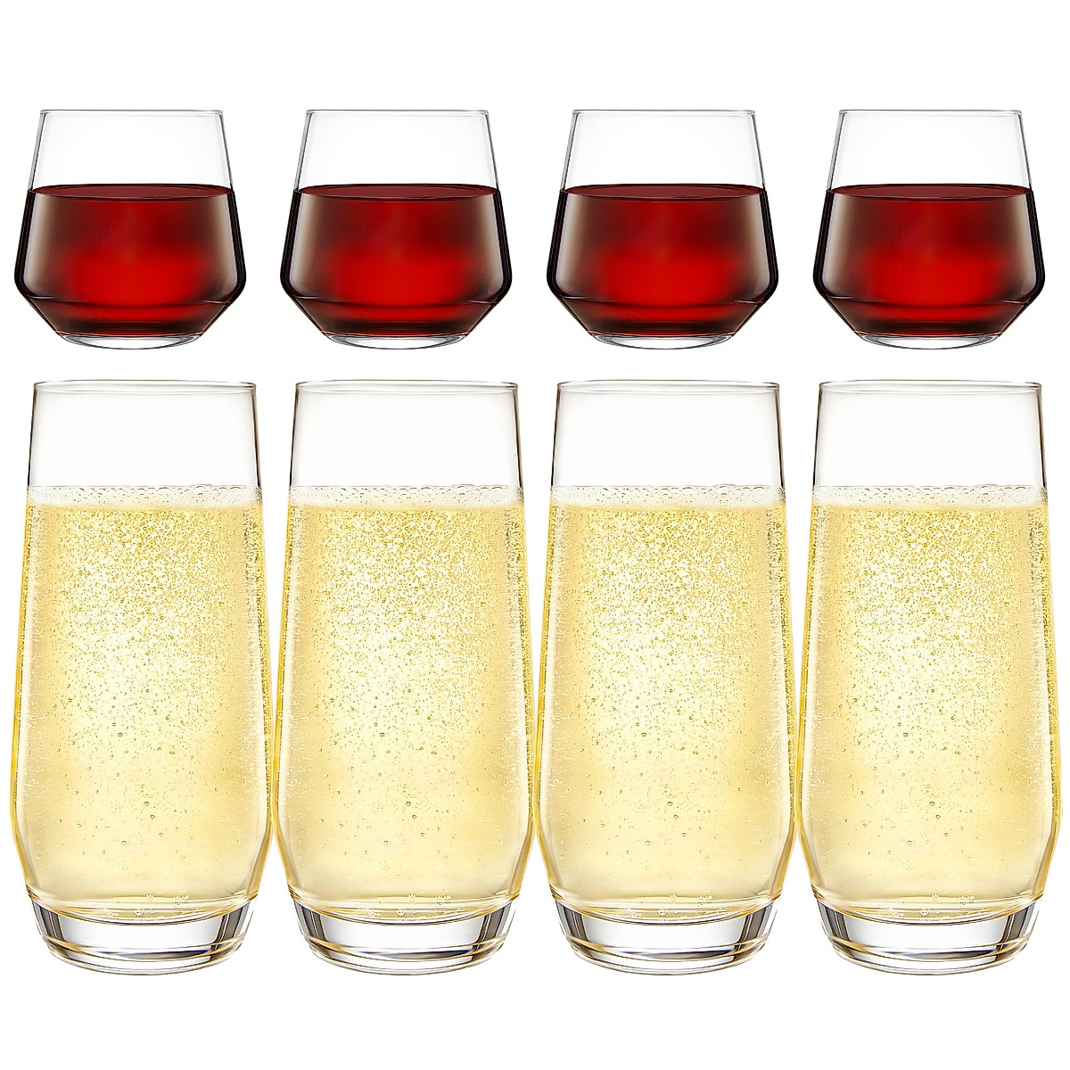 Kitchen Lux Tall & Short Drinking Glasses Set of 8-4 Tall Water Glasses and 4 Short Glass Cups Set - Elegant Drinkware - Deluxe Glassware Sets for Highball Sparkling Cocktails, Wine, Beer, Whiskey
