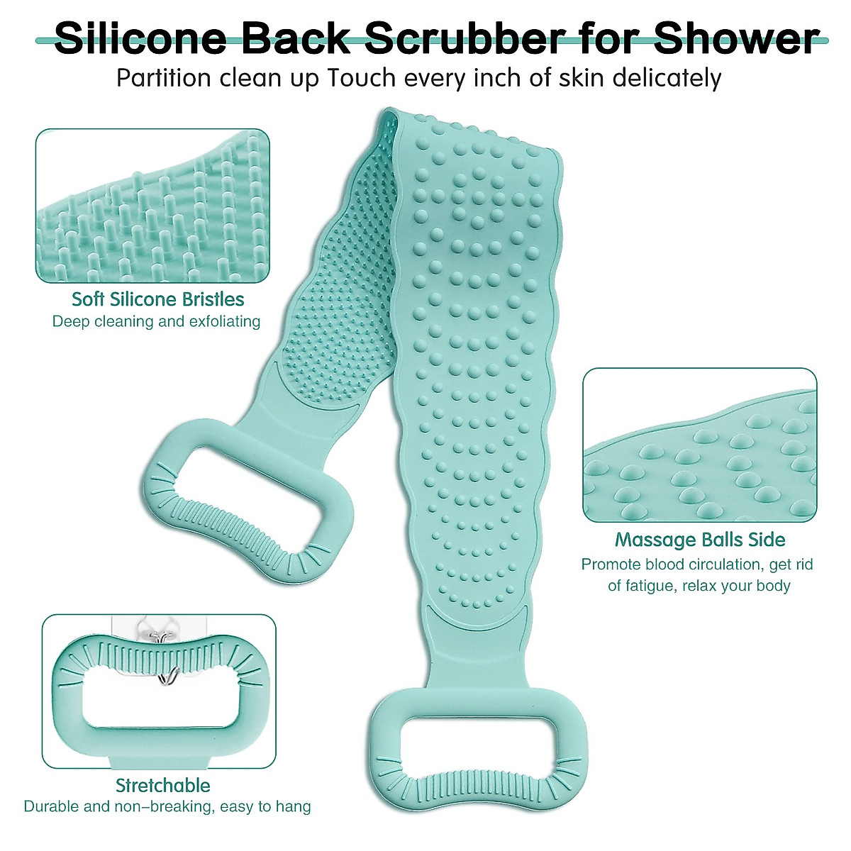 JefDiee Silicone Back Scrubber for Shower, Lengthen & Soft Back Washer, Bath Body Brush with Handles for Deep Cleaning, Exfoliating and Massaging, Improve Your Blood Circulation, Body Scrubber (Green)