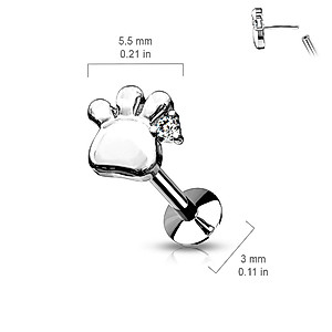 Pierced Owl 16-20GA Stainless Steel Threadless Push-in CZ Crystal Paw Print Flat Back Labret Monroe Lip Cartilage Helix Nose Ear Lobe Barbell Stud (Silver Tone, 20GA / 6mm)